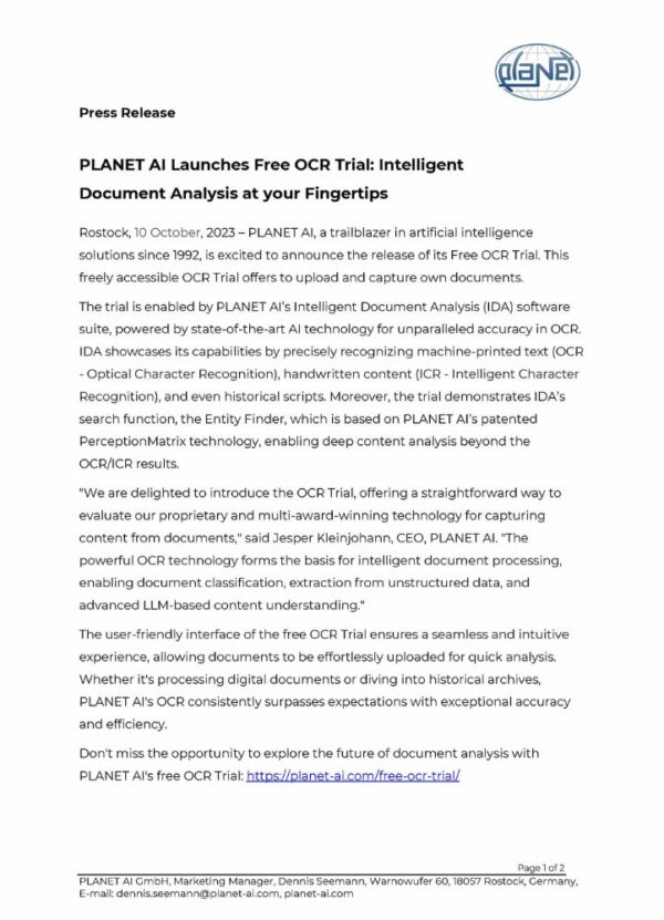 PLANET AI Launches Free OCR Trial: Intelligent Document Analysis at ...